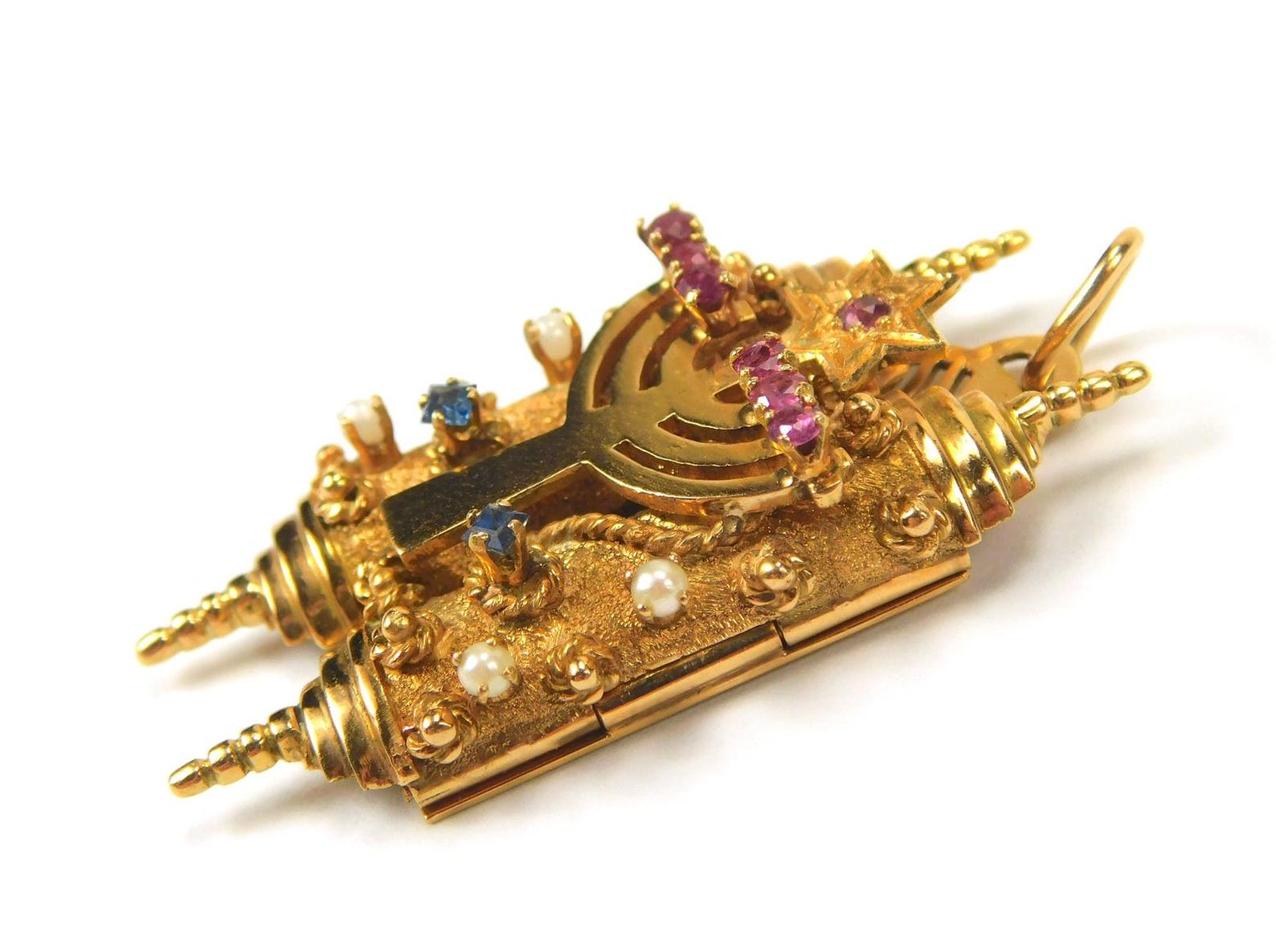 Custom 18K Yellow Gold Ruby Pearl Sapphire Torah Scroll Pendant Jewelry ...