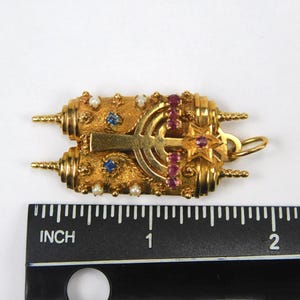 Custom 18K Yellow Gold Ruby Pearl Sapphire Torah Scroll Pendant Jewelry ...