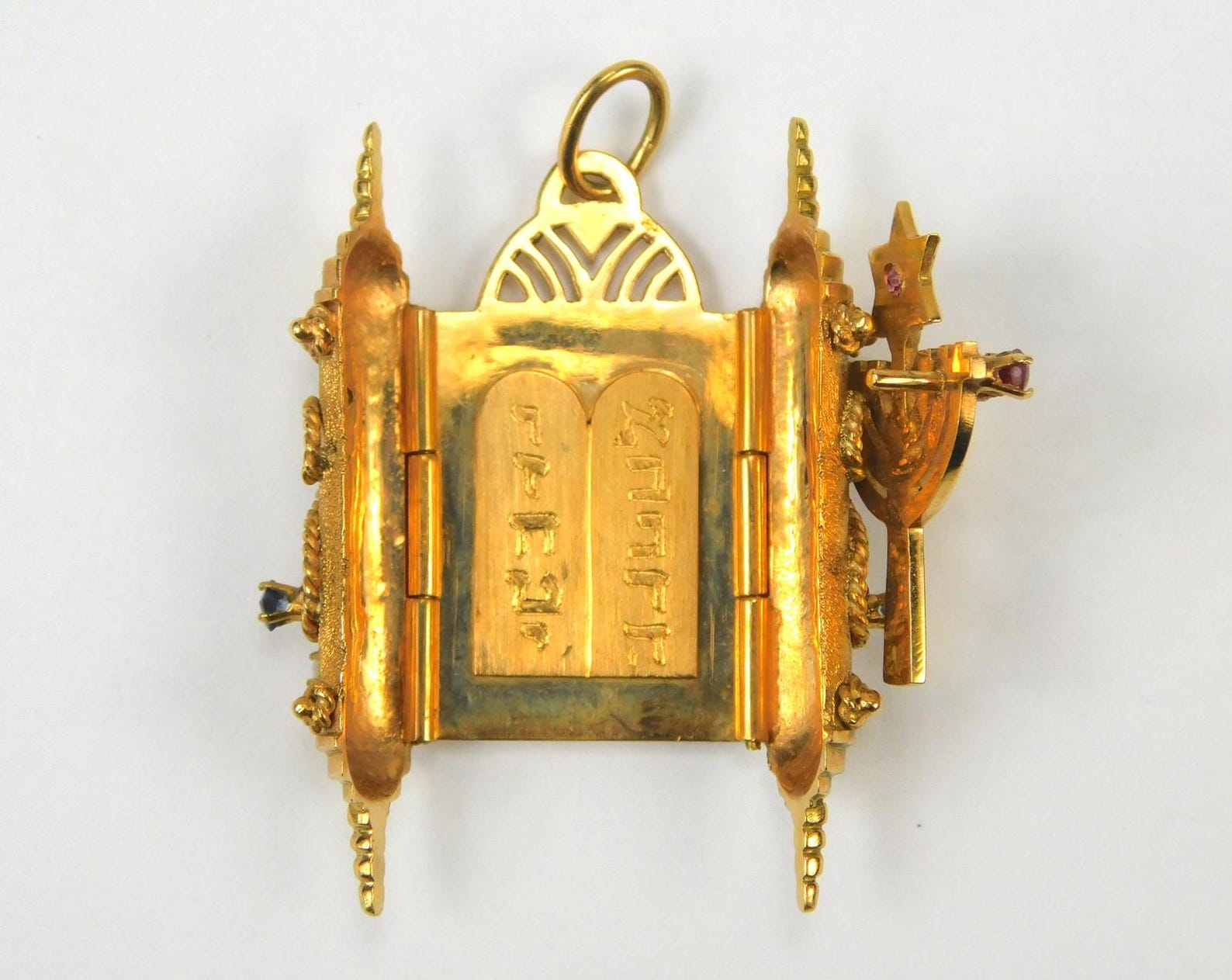 Custom 18K Yellow Gold Ruby Pearl Sapphire Torah Scroll Pendant Jewelry ...