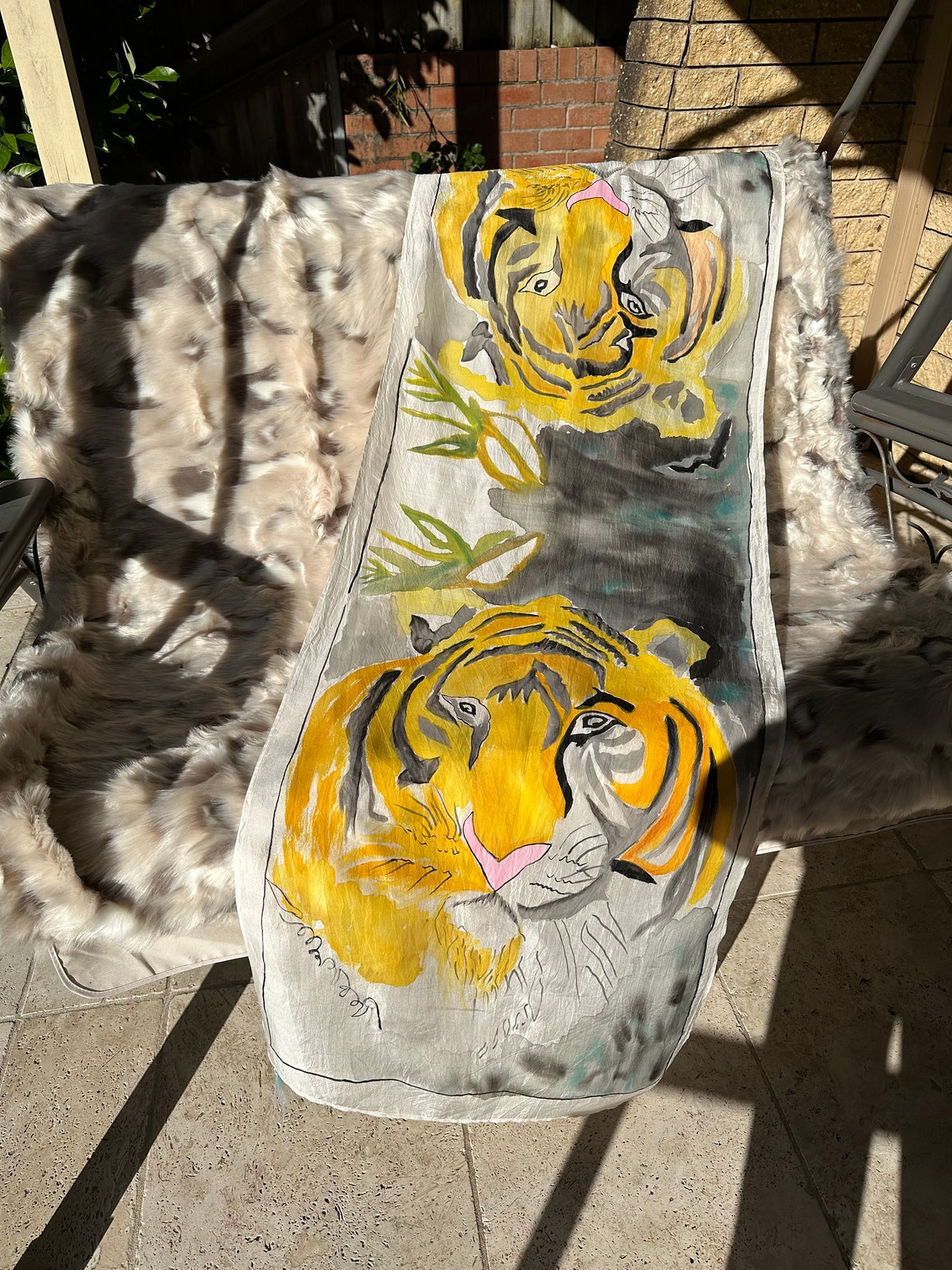 Hand-painted Tiger Design Silk Scarf Wildlife Art on 100% Mulberry Silk ...