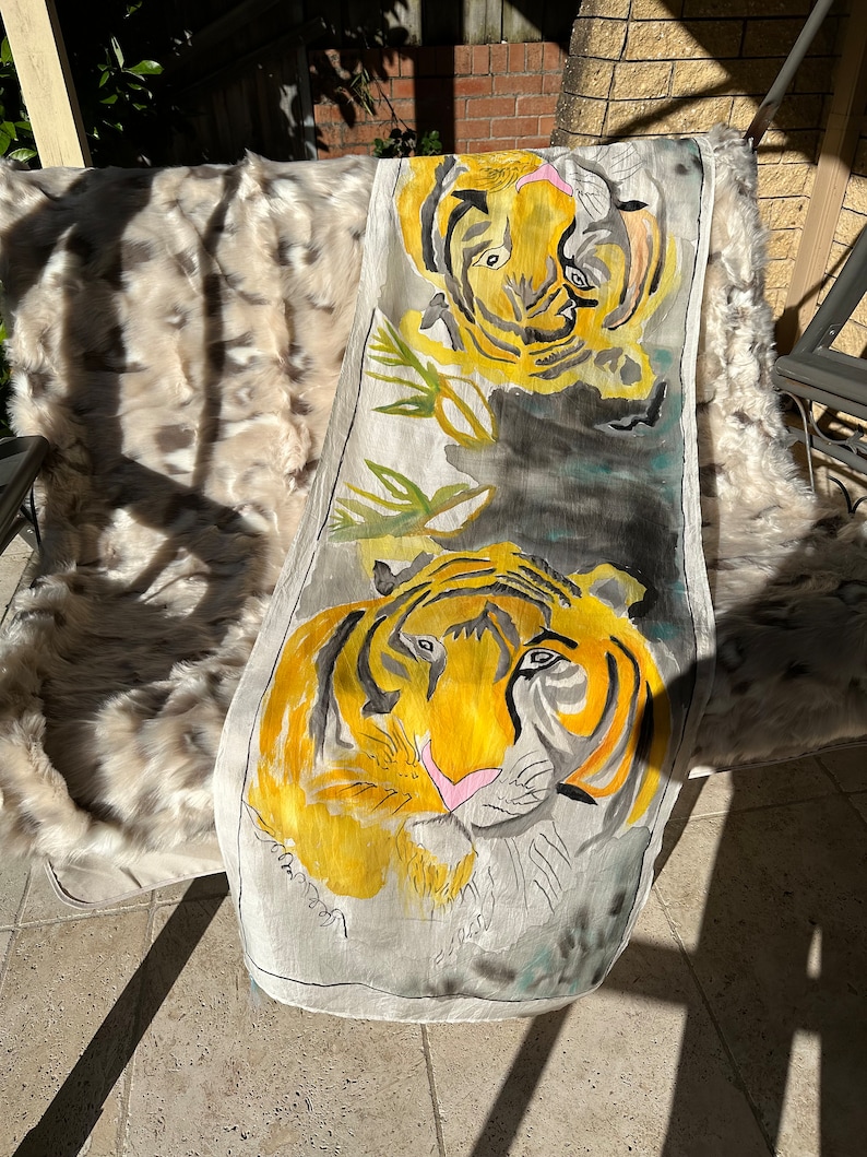 Hand-painted Tiger Design Silk Scarf Wildlife Art on 100% Mulberry Silk ...