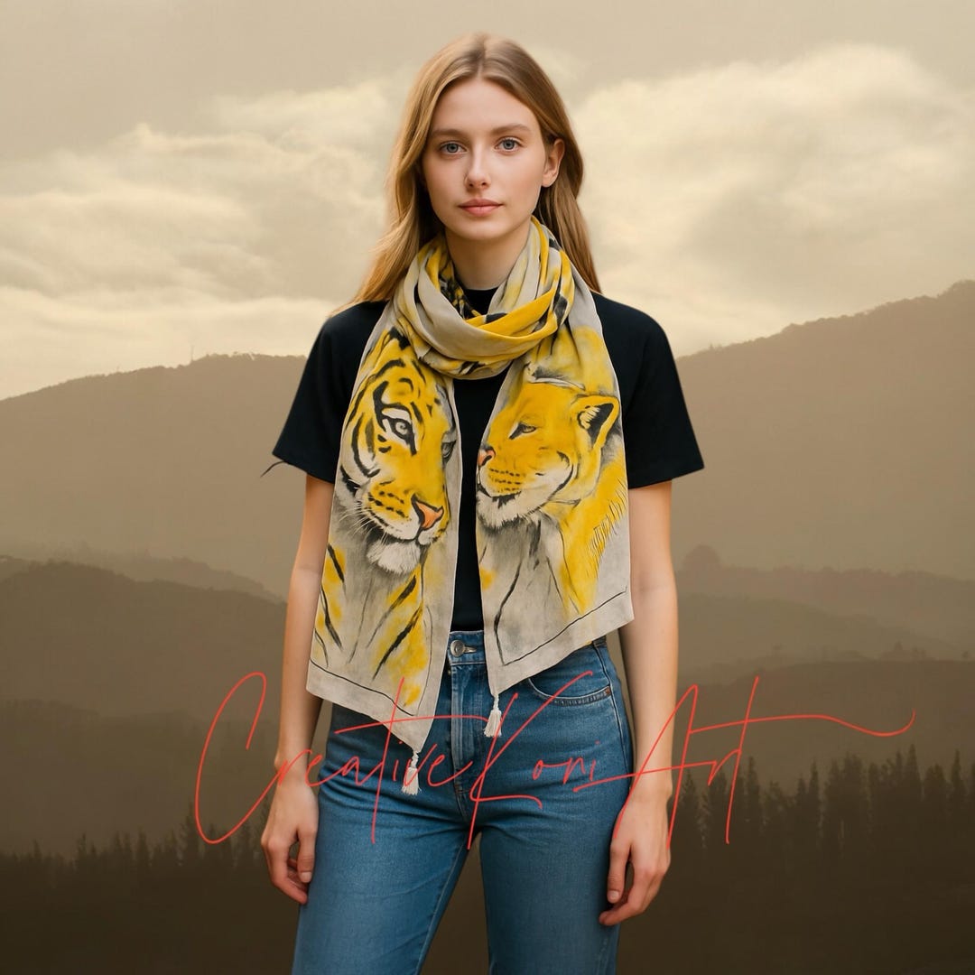 Hand-painted Tiger Design Silk Scarf Wildlife Art on 100% Mulberry Silk ...