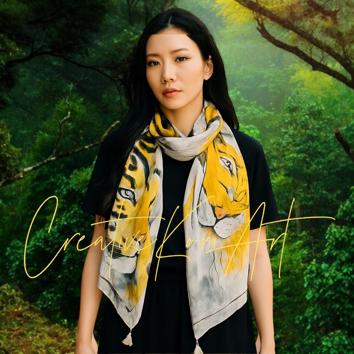 Hand-painted Tiger Design Silk Scarf Wildlife Art on 100% Mulberry Silk ...