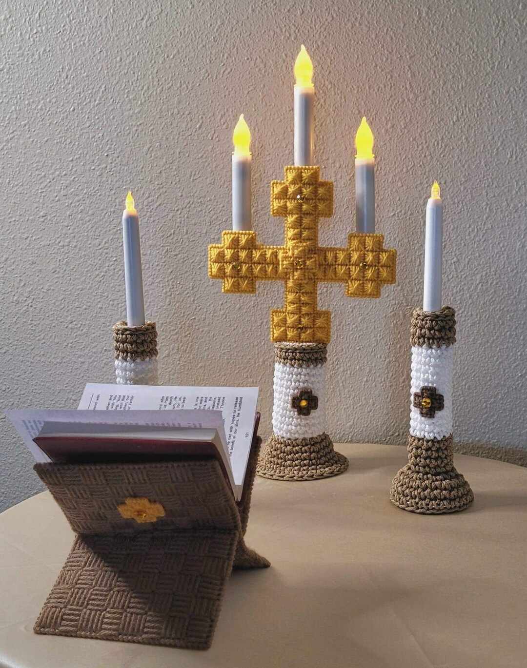 Crochet Coptic Orthodox Altar Set: Candlesticks, Cross, Book Stand (set ...