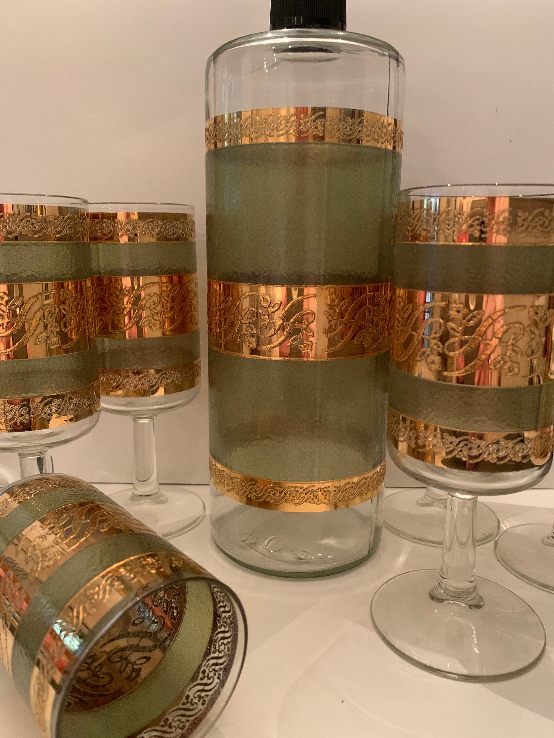 Vintage 1950s Culver Starlyte Green and Gold Wine/cocktail Glasses and ...