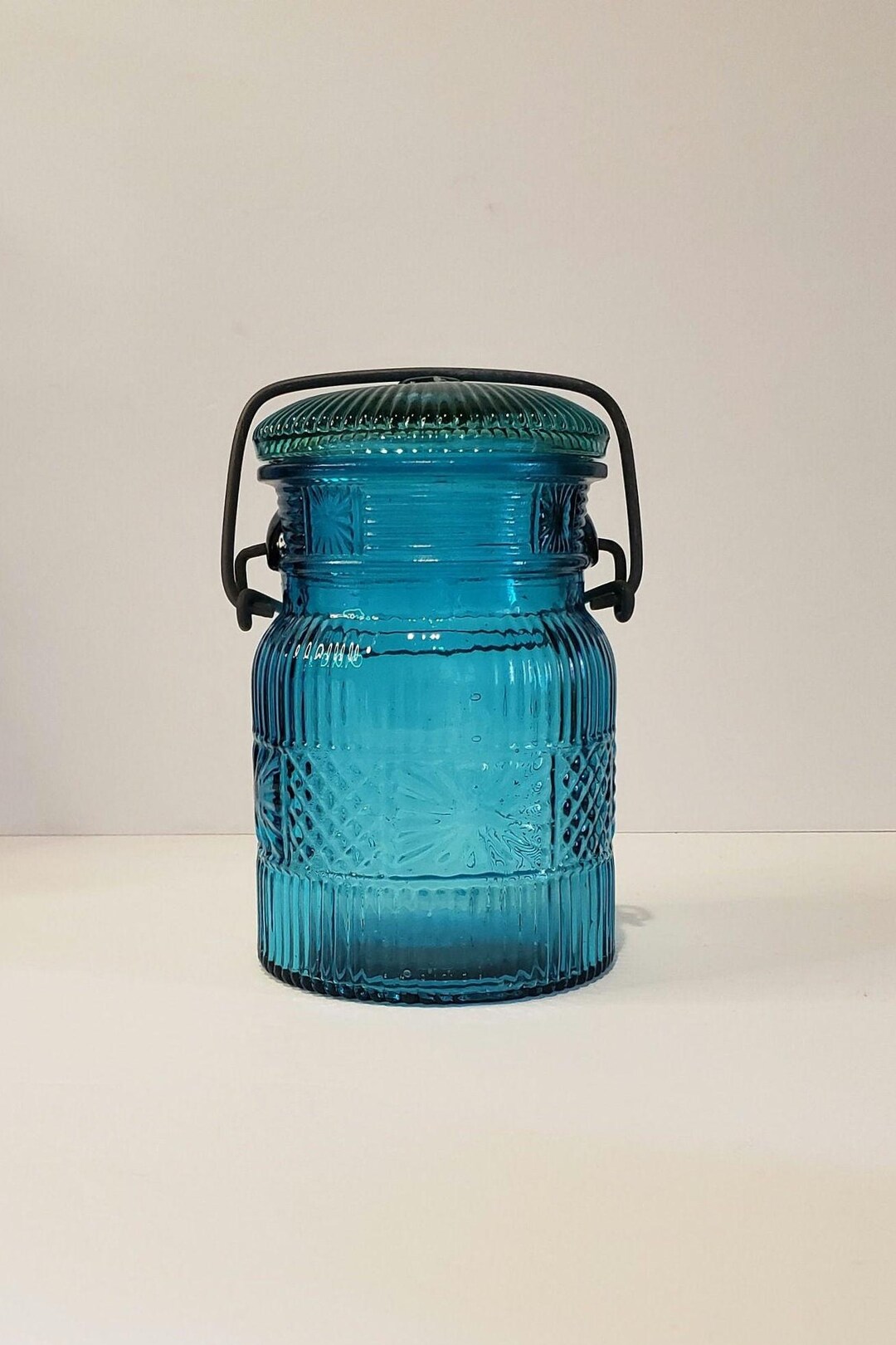 Bright Blue Ribbed Vintage Jar With Wire Bail Made for AVON Originally ...