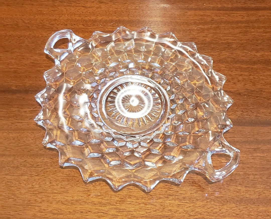 Two Handled Glass Plate in the Clear American Cube Pattern Made by ...