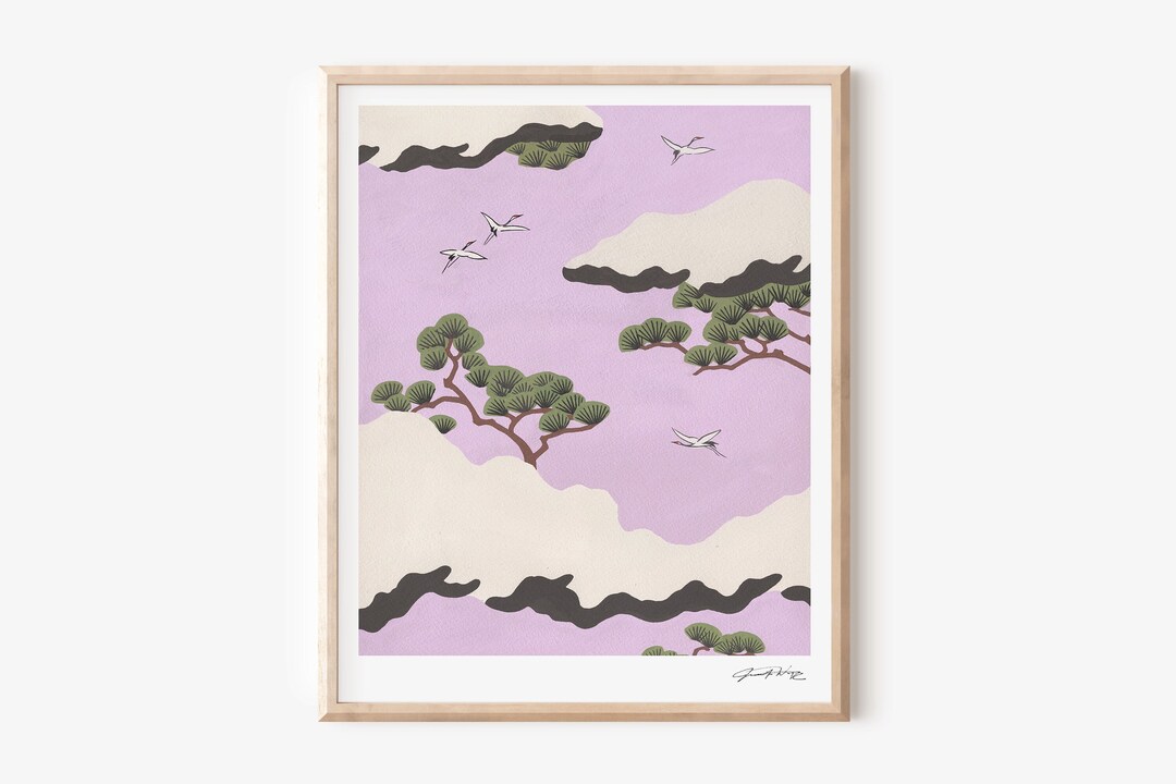Japanese Art Print, Pink Japanese Art, Pink Sky Poster, Pink Clouds ...