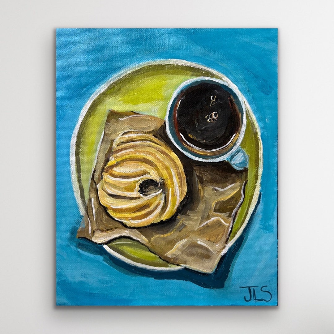 Coffee and Pastry Painting, Hand Painted Acrylic on Canvas Panel, 8 X ...
