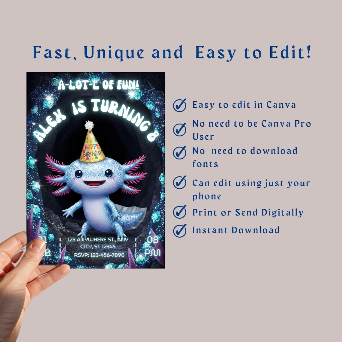 Axolotl Birthday Invitation, Editable Canva Party Invite - Etsy