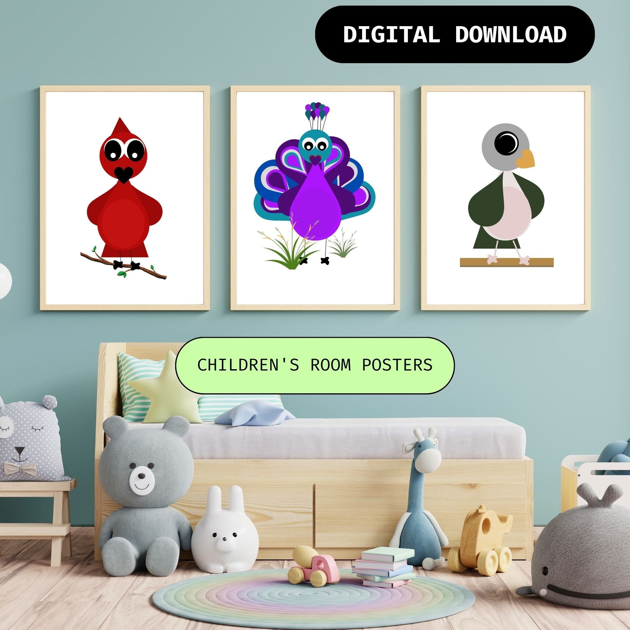 Digital Download Printable Set of 3 Birds Wall Art, Nursery Art, Kid's ...