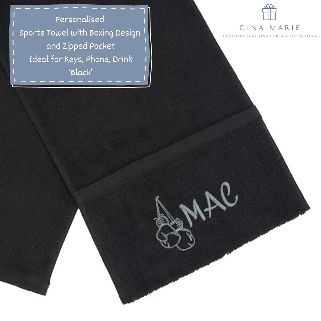Personalised Gym Towel With Boxing Gloves, Zipped Pocket, Custom Name ...