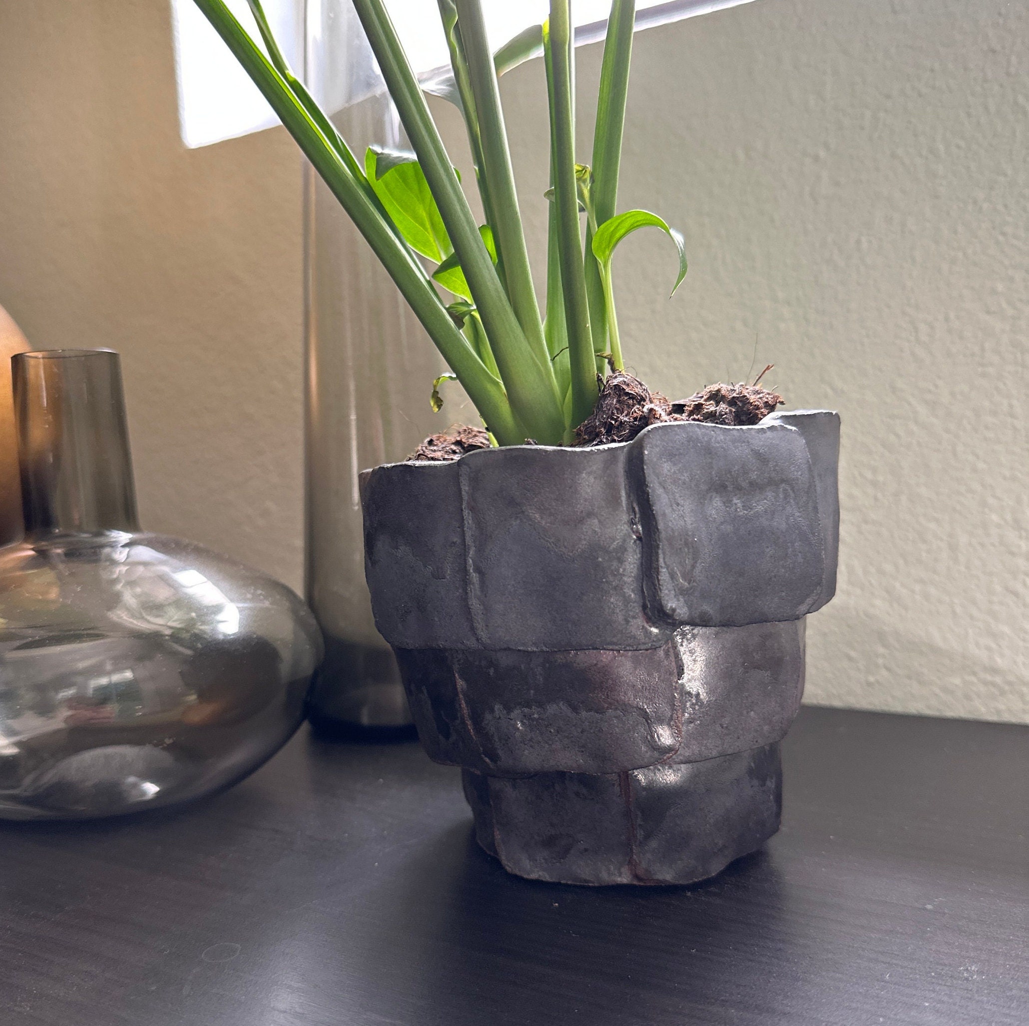 Slab Pot - Handbuilt Ceramic Stoneware Cache Pot Stoneware in Black ...