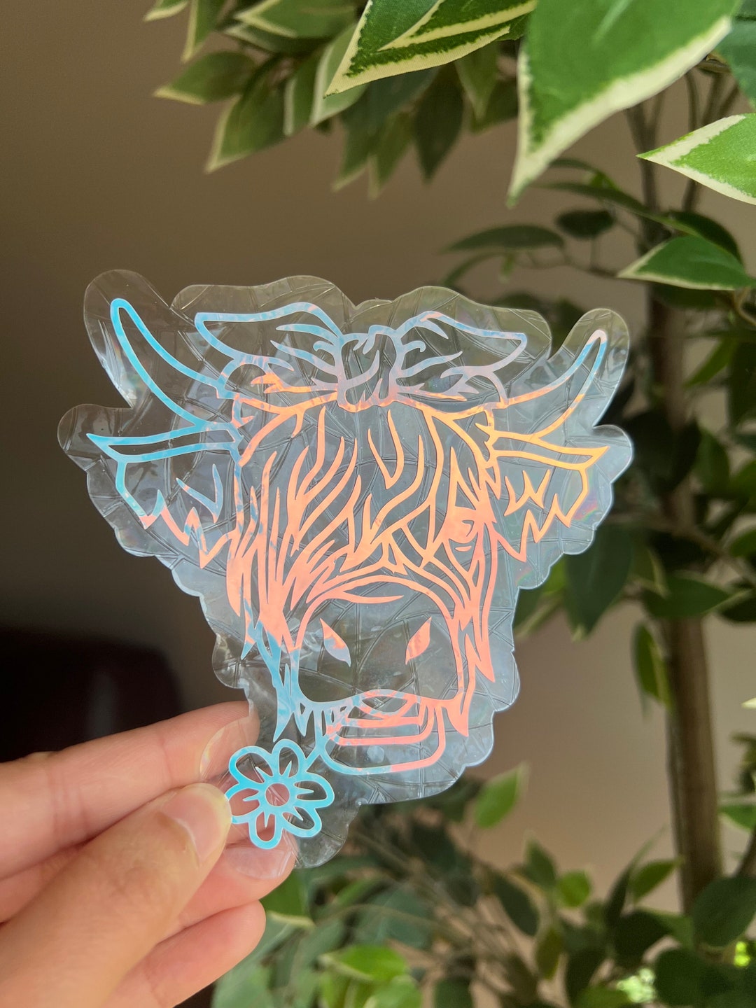 Highland Cow Suncatcher Sticker, Rainbow Window Cling, Floral Cow ...