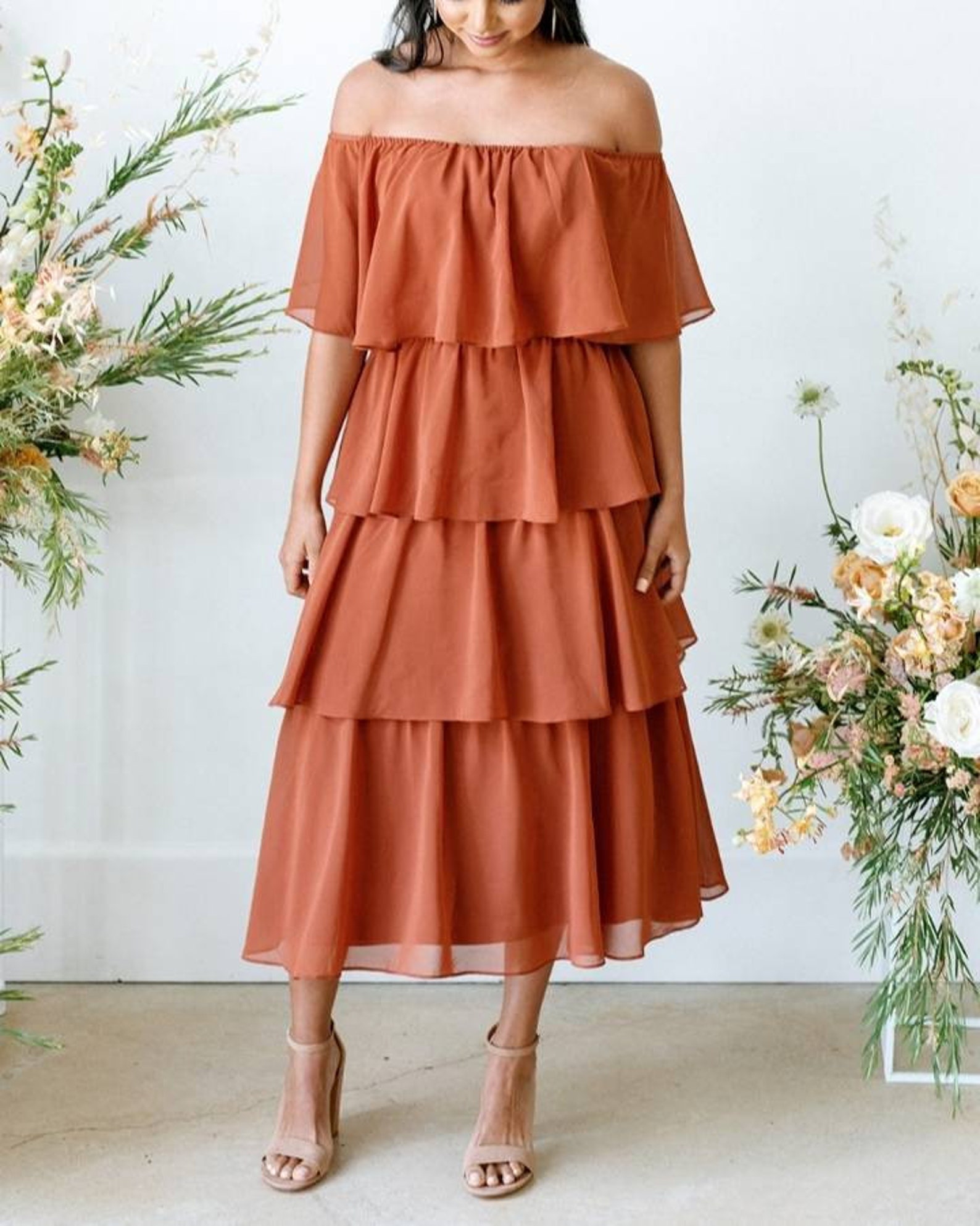 Layered Chiffon Bridesmaid Midi Dress Ruffle Gown Customizable - Etsy