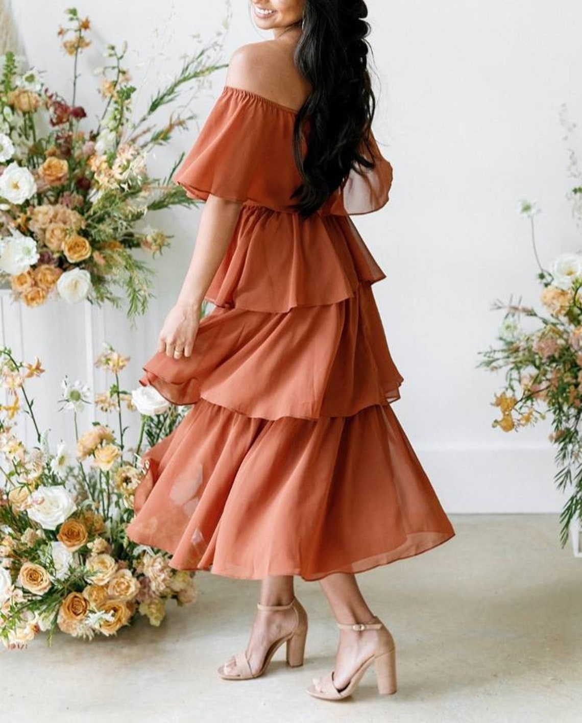 Layered Chiffon Bridesmaid Midi Dress Ruffle Gown Customizable - Etsy