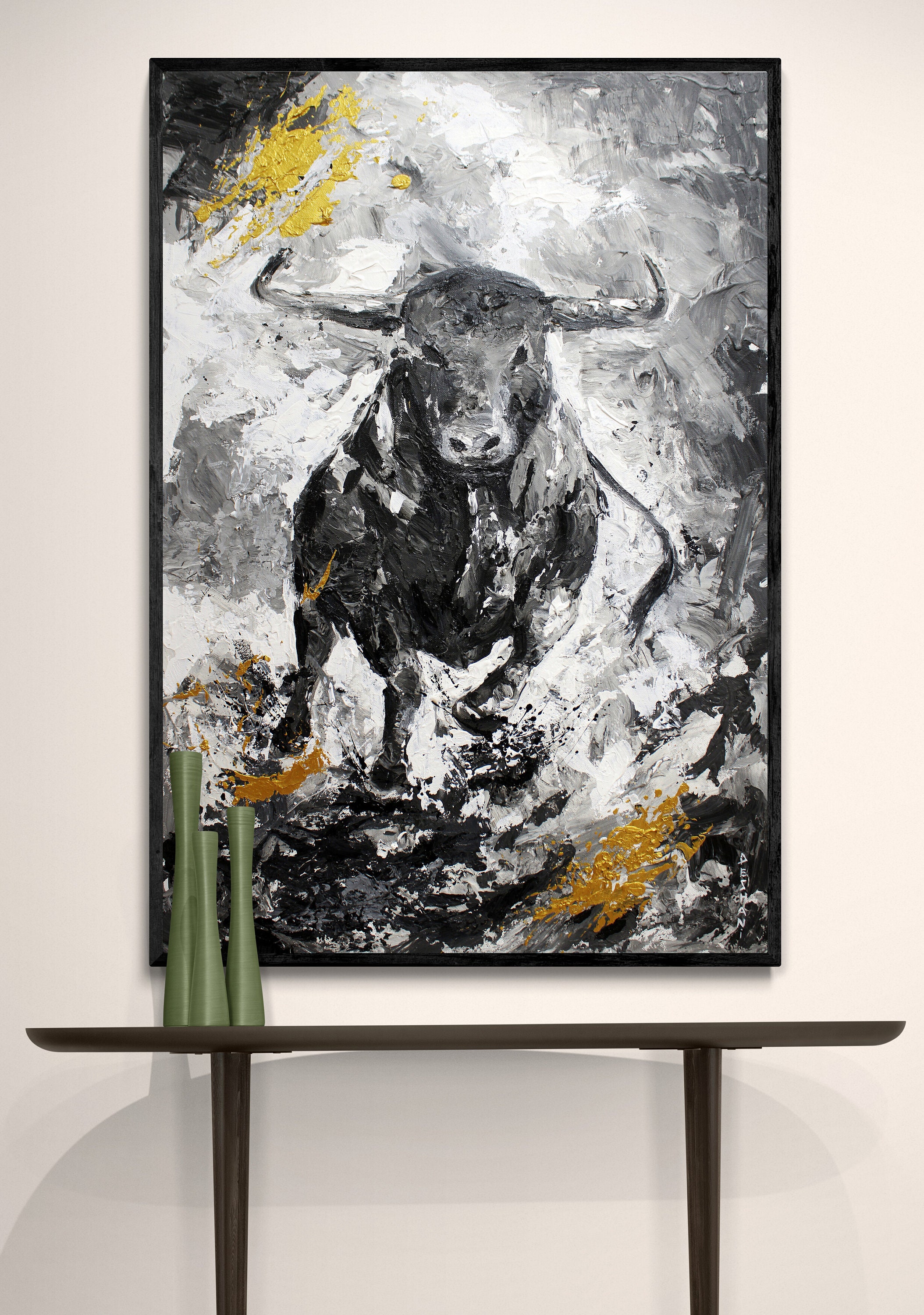 Bull Painting Bull Wall Art Black Bull Canvas Art Taurus Painting Ox ...