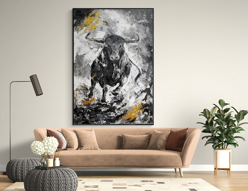 Stier schilderij stier muur kunst zwarte stier canvas kunst stier ...