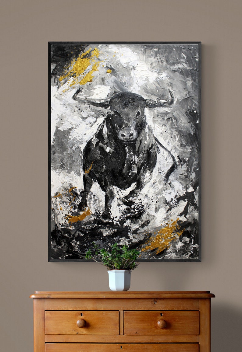 Bull Painting Bull Wall Art Black Bull Canvas Art Taurus Painting Ox ...