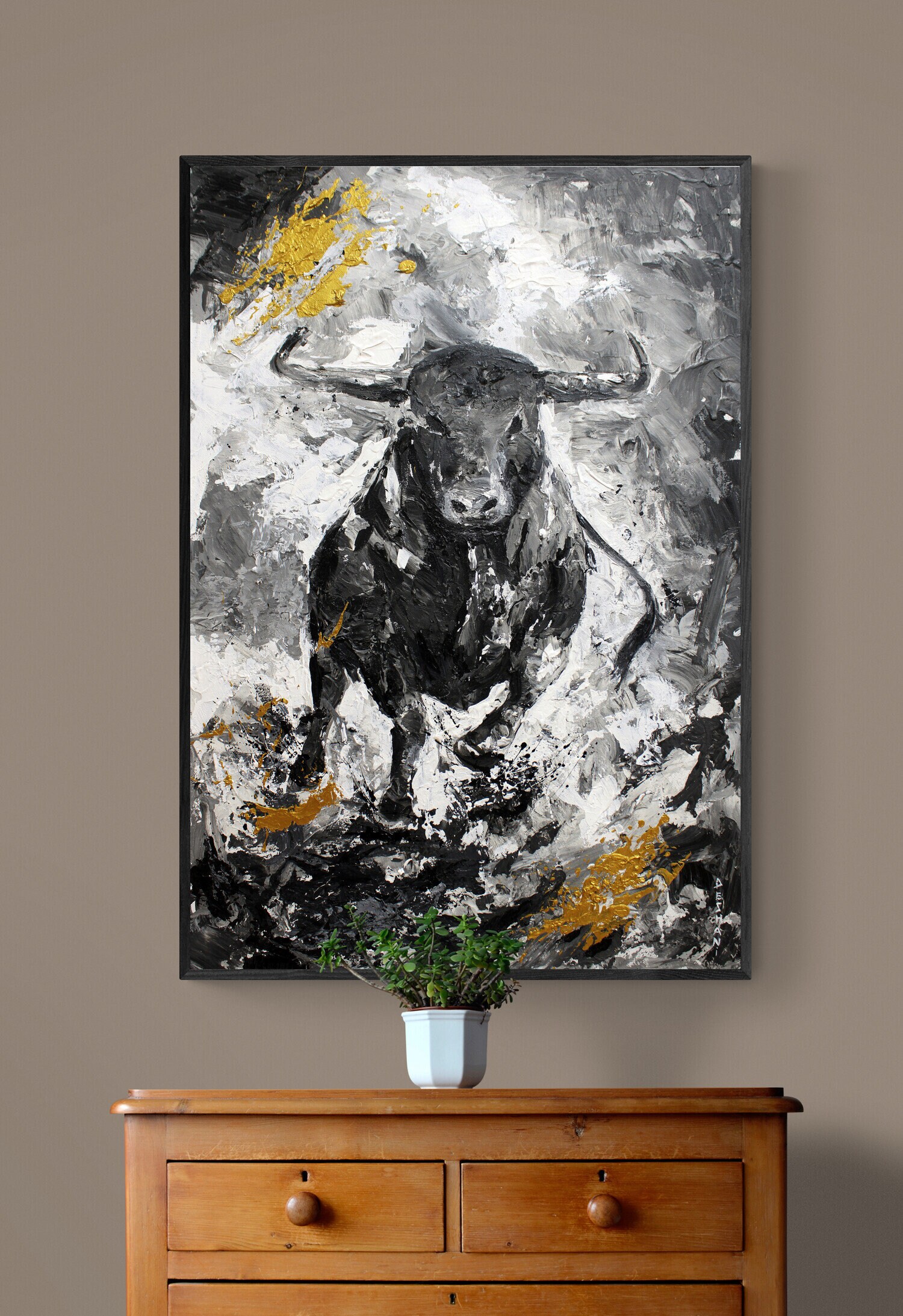 Bull Painting Bull Wall Art Black Bull Canvas Art Taurus Painting Ox ...