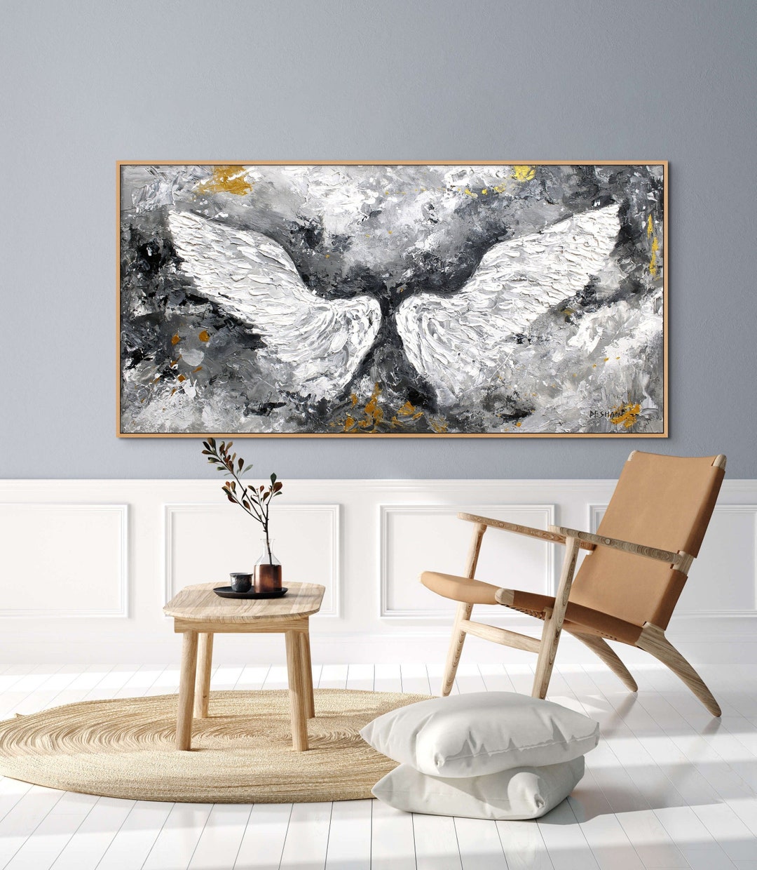 Heavy Textured Angel Wings Large Original Oil Painting on Canvas Gray ...