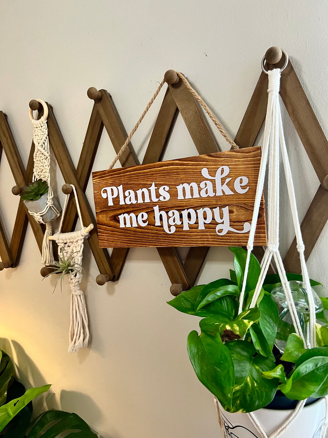 Plants Make Me Happy Hanging Wood Sign | Plant Lover Sign | Botanical ...