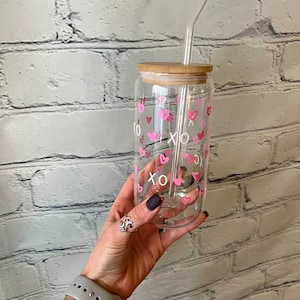 XO Pink Hearts Glass Can | Valentine's Glass Can | XO Iced Coffee Glass ...