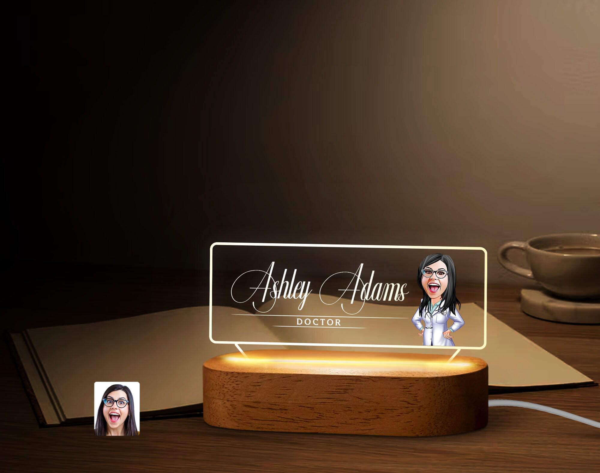 Personalized Cartoon LED Light Doctor Name Plate With Natural Wood Base ...