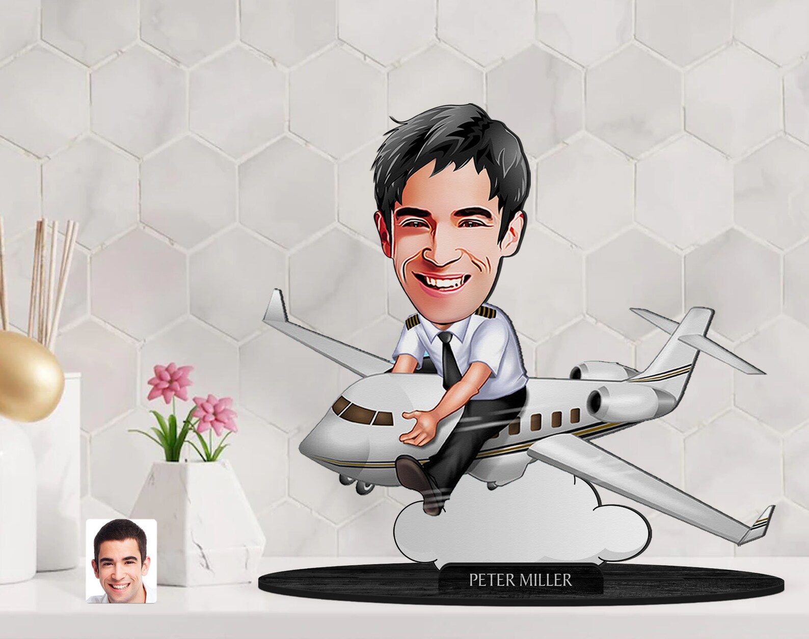 Personalized 3D Wooden Cartooned Captain Pilot Figurine Trinket, Custom ...