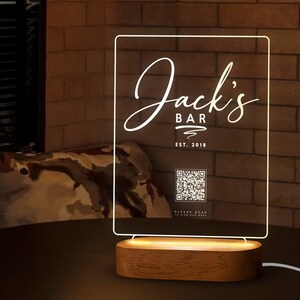 Custom LED Qr Code Menu Sign, LED Decor With Natural Wood Base ...