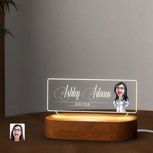 Personalized Cartoon LED Light Doctor Name Plate With Natural Wood Base ...