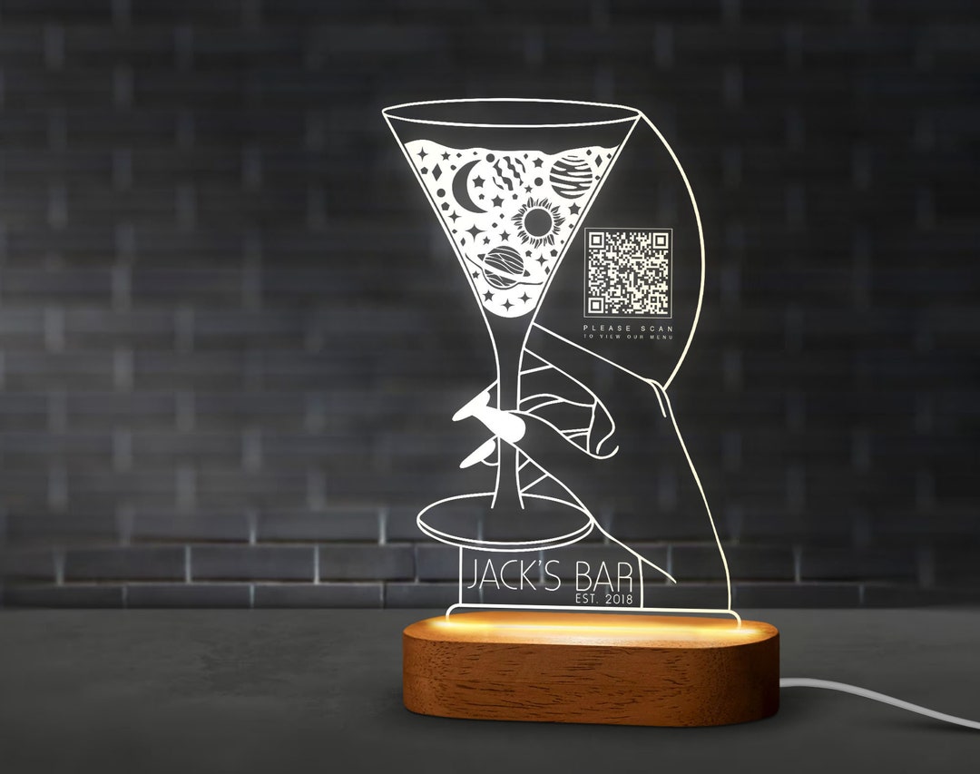 Custom LED Qr Code Menu Sign, LED Decor With Natural Wood Base ...