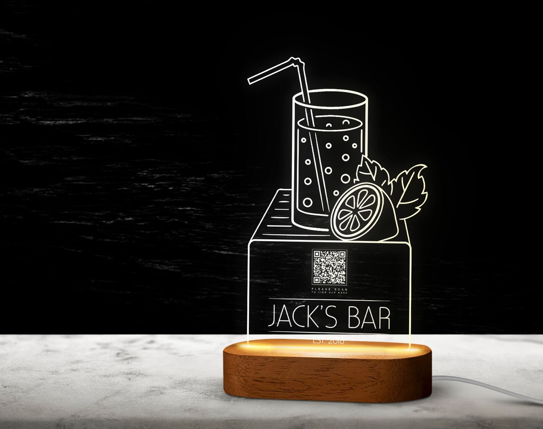 Custom LED Qr Code Menu Sign, LED Decor With Natural Wood Base ...