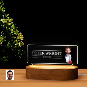 Personalized Cartoon LED Light Doctor Name Plate With Natural Wood Base ...