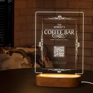 Custom LED Qr Code Menu Sign, LED Decor With Natural Wood Base ...