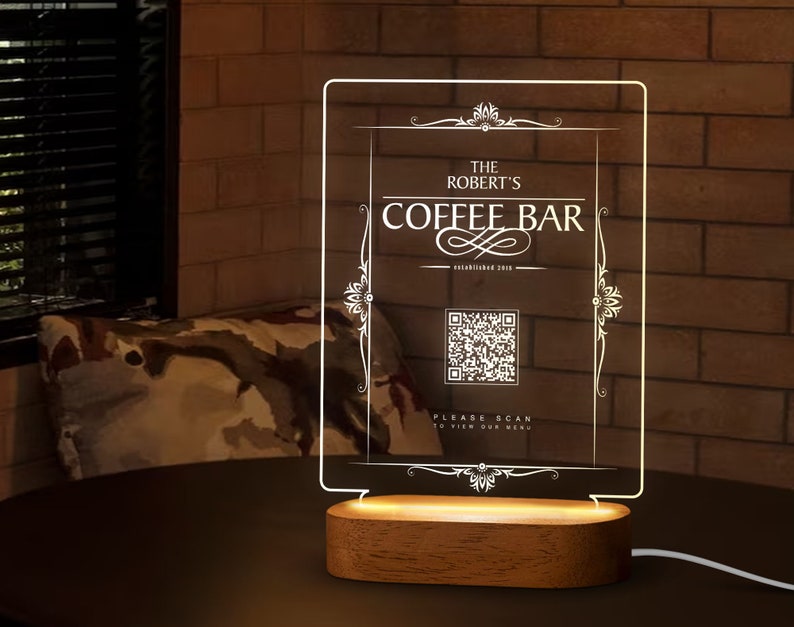 Custom LED Qr Code Menu Sign LED Decor With Natural Wood - Etsy