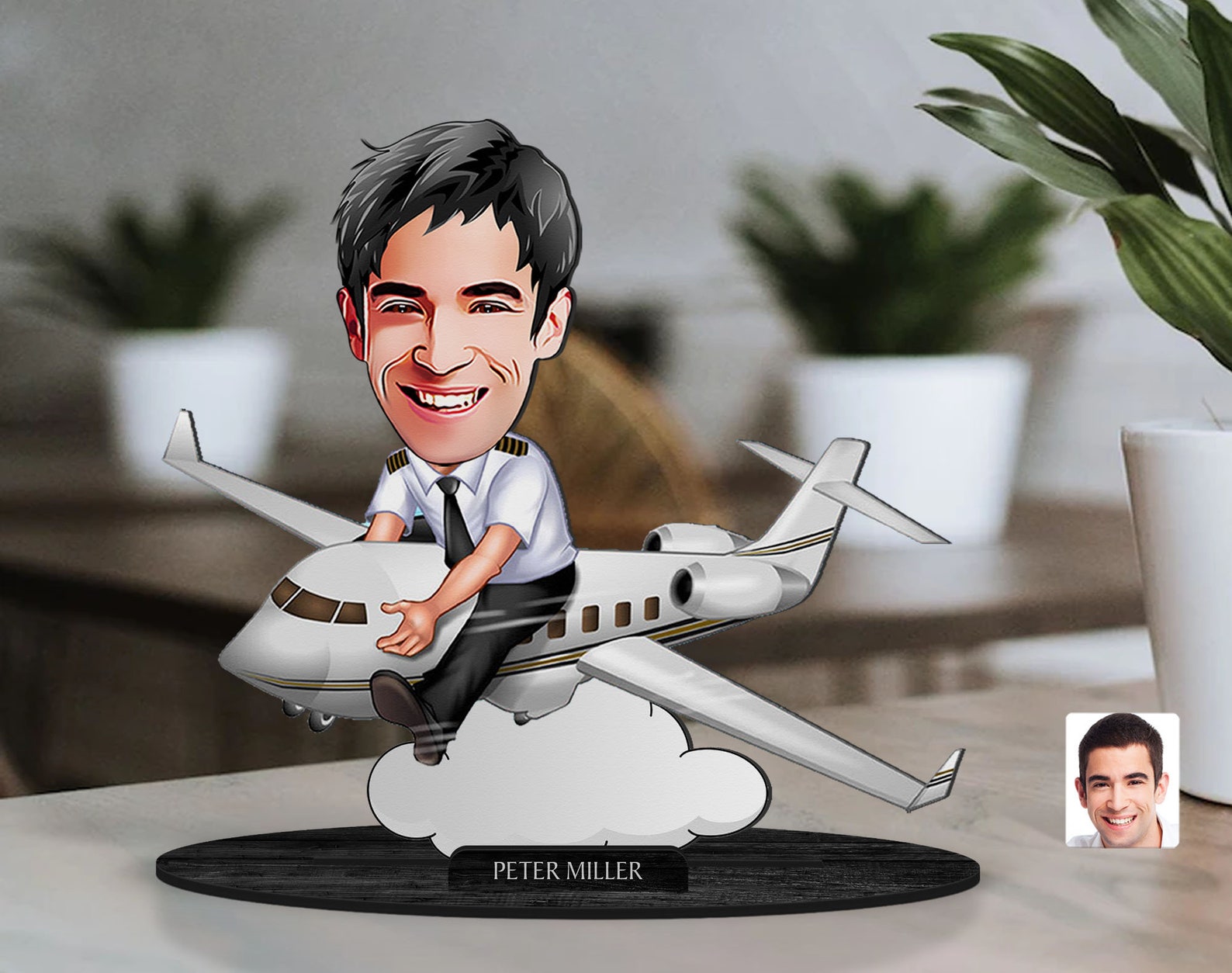 Personalized 3D Wooden Cartooned Captain Pilot Figurine Trinket, Custom ...