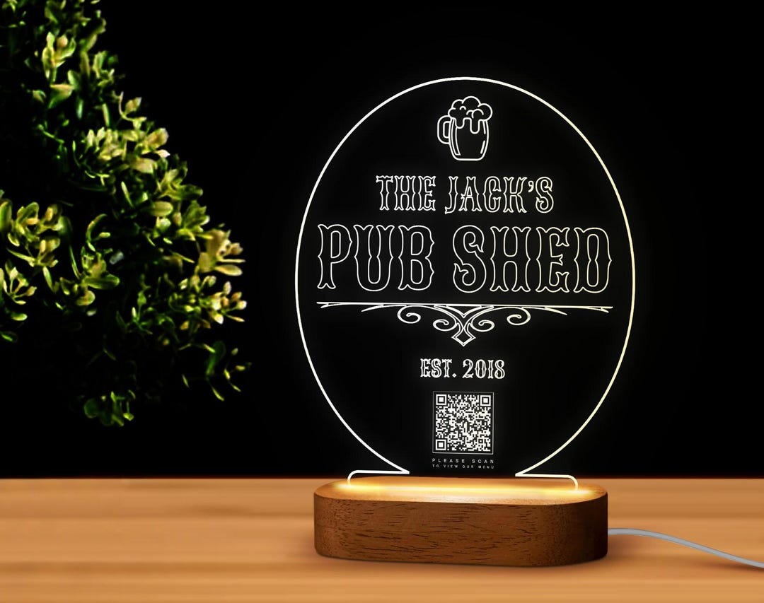 Custom LED Qr Code Menu Sign, LED Decor With Natural Wood Base ...