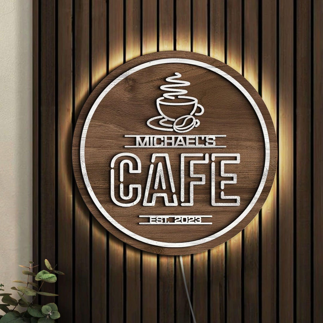 Personalized LED Light Wooden Coffee Bar Sign, Custom Embossed Round ...