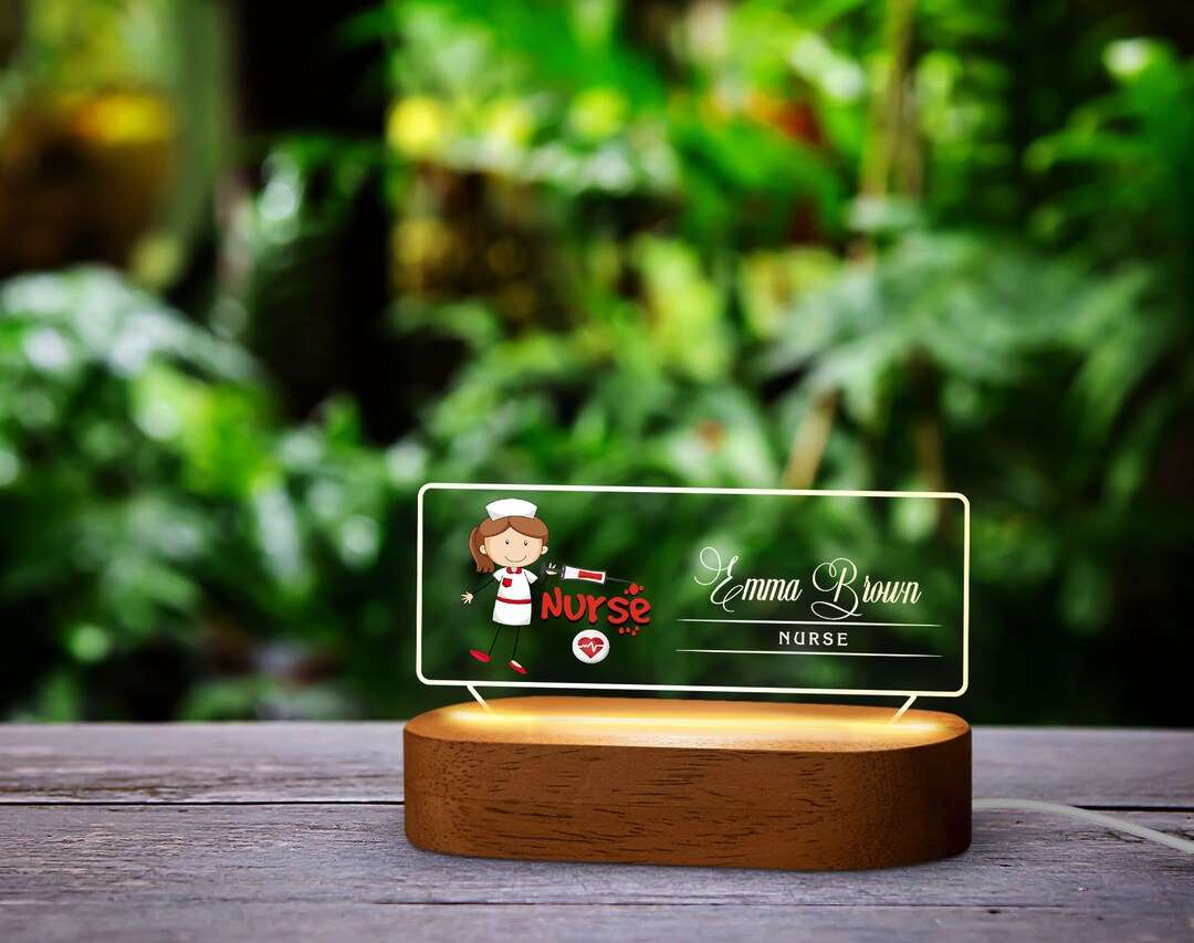 LED Light Nurse Desk Name Plate With Natural Wood Base, Personalized ...