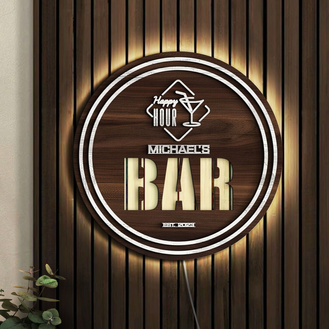 Personalized LED Light Wooden Bar Sign, Custom Embossed Round Wood Bar ...