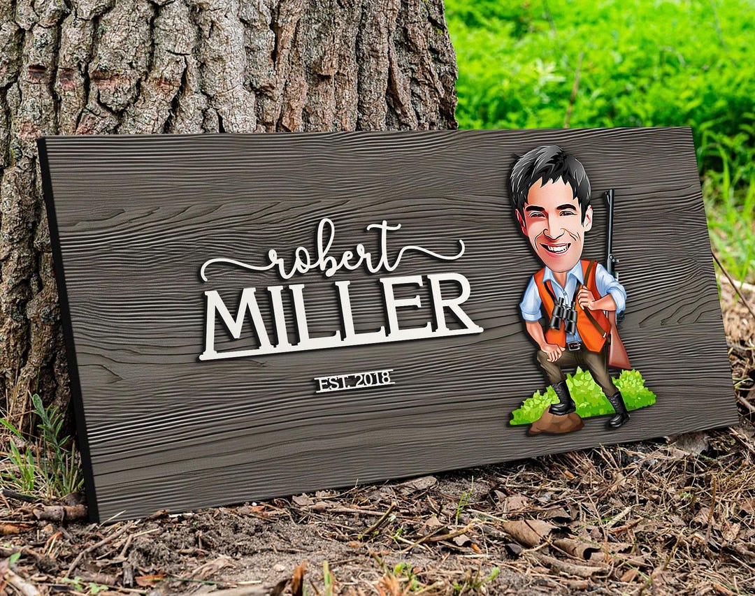 Personalized 3D Wooden Named Cartoon Hunter Sign, Custom Caricature ...