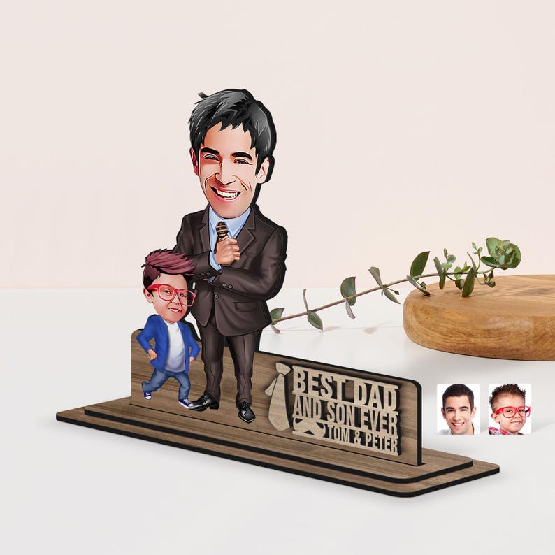 Personalized 3D Wooden Embossed Cartoon Dad and Son Figurine Trinket ...