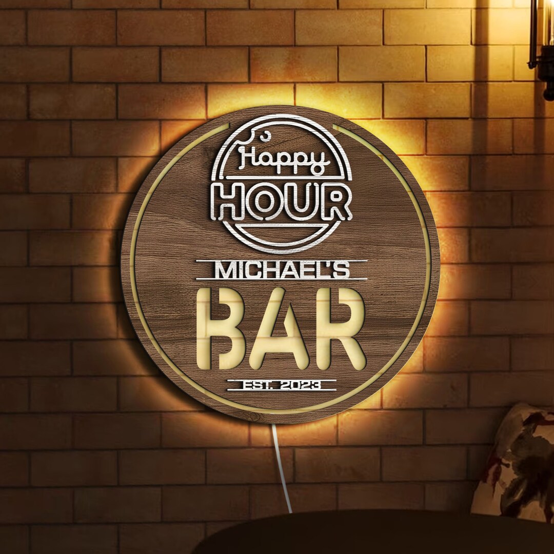 Personalized LED Light Wooden Bar Sign, Custom Embossed Round Wood Bar ...