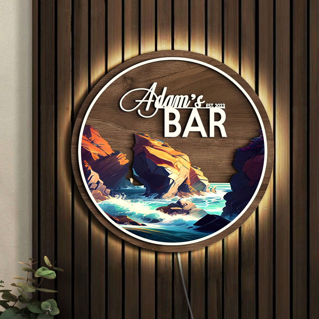 Personalized LED Light Wooden Bar Sign, Custom Embossed Round Wood Bar ...
