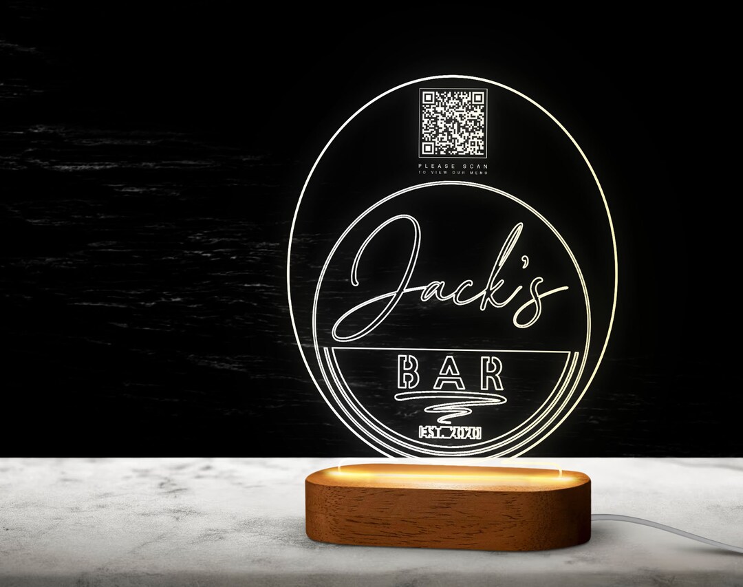 Custom LED Qr Code Menu Sign, LED Decor With Natural Wood Base ...