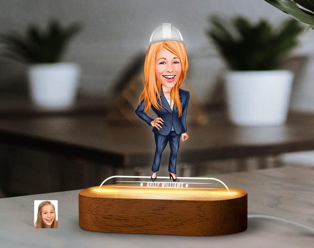 Personalized LED Light Cartoon Engineer Figurine With Natural Wooden ...