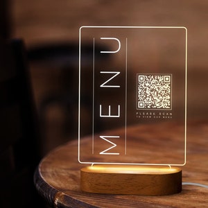 Custom LED Qr Code Menu Sign, LED Decor With Natural Wood Base ...