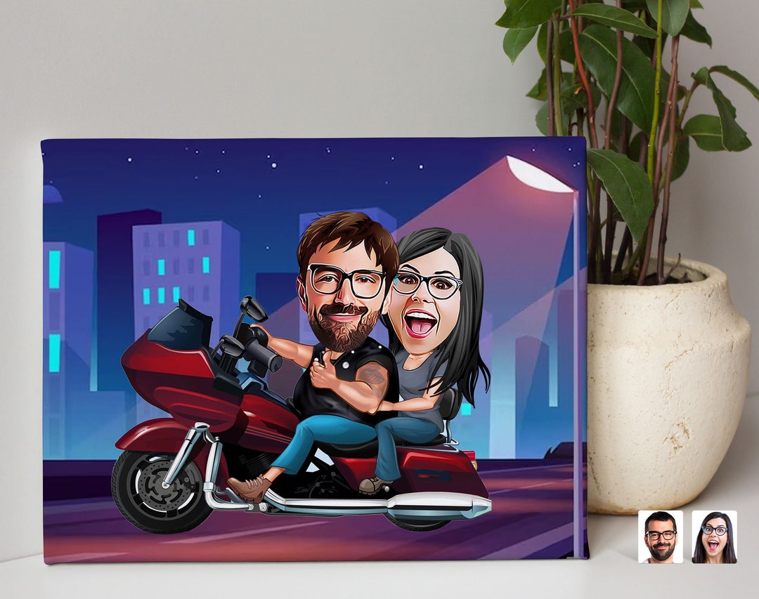 Personalized Cartoon Motorcyclist Couple Drawing, Custom Cartoon ...