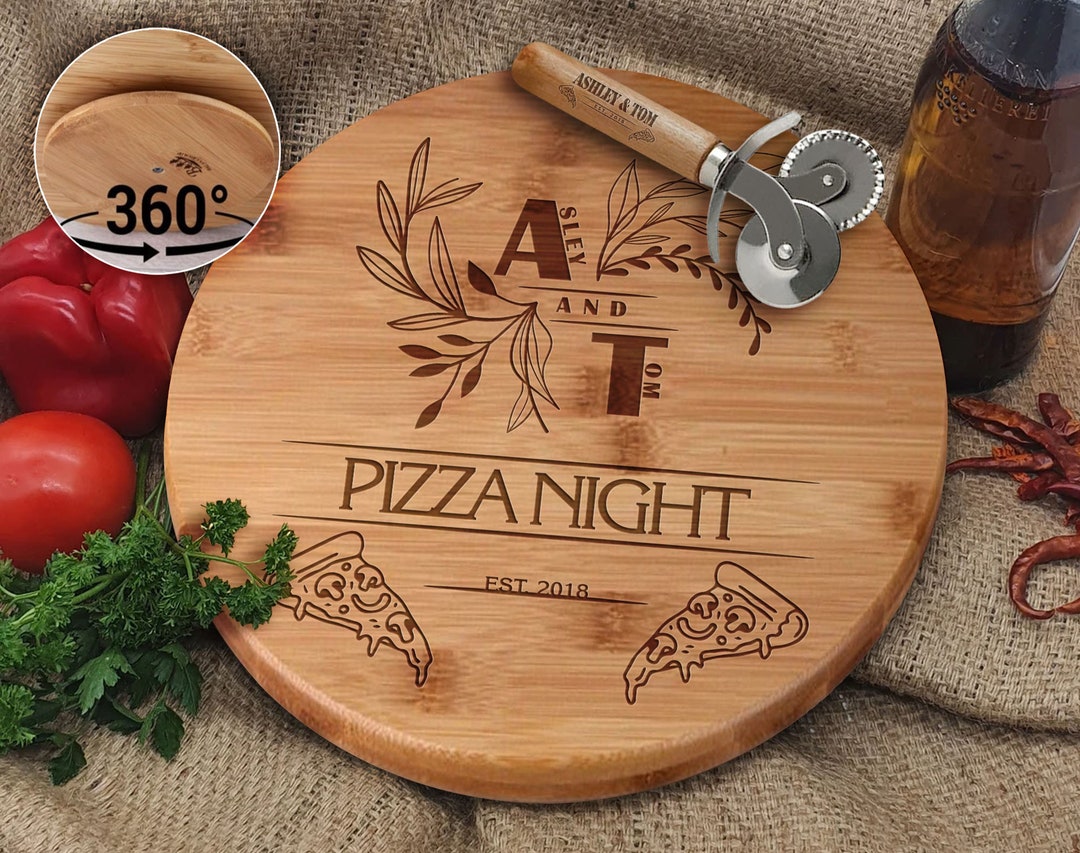 Pizza Board With Name Bamboo Wooden Turntable, Pizza Cutting Board Set ...